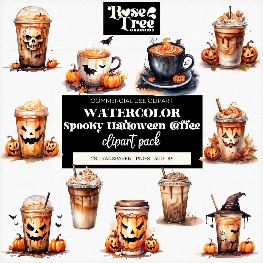 Watercolor Spooky Halloween Coffee Clipart | 28 PNG Graphics | Spooky ...