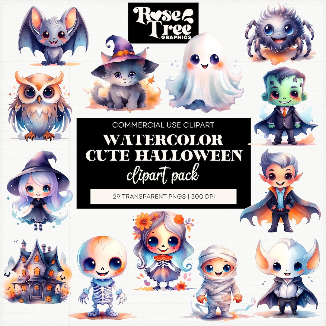 Watercolor Halloween Clipart | Cute Ghost, Cat, Skeleton (29 PNG ...