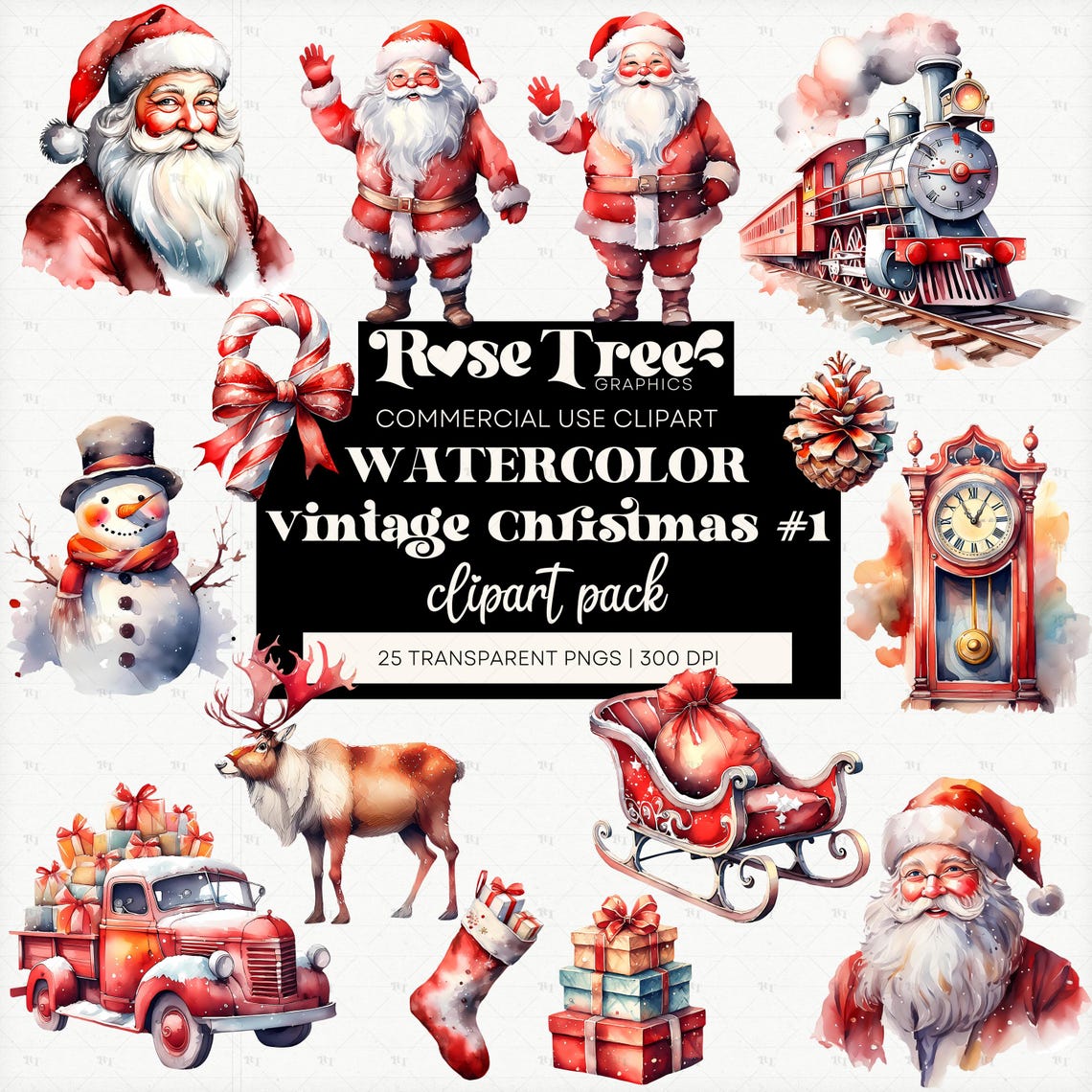 Watercolor Santa Clipart: Vintage Christmas PNG Graphics (commercial ...