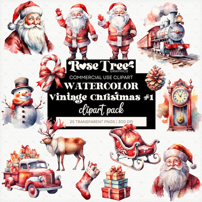 Watercolor Retro Christmas Santa Clipart Pack | 25 PNG Graphics | Hot ...