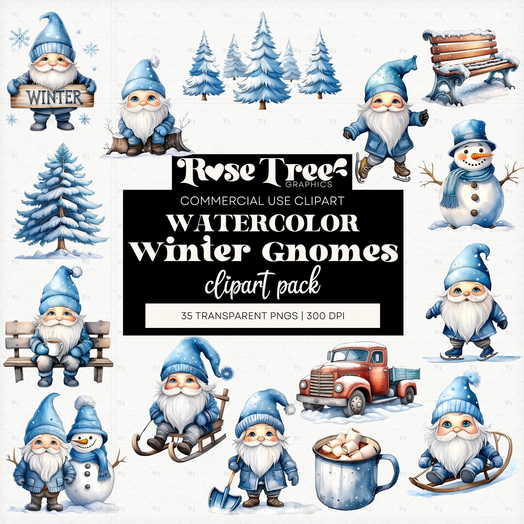 Watercolor Winter Gnome Clipart: Vintage Truck, Snowman (35 PNG ...