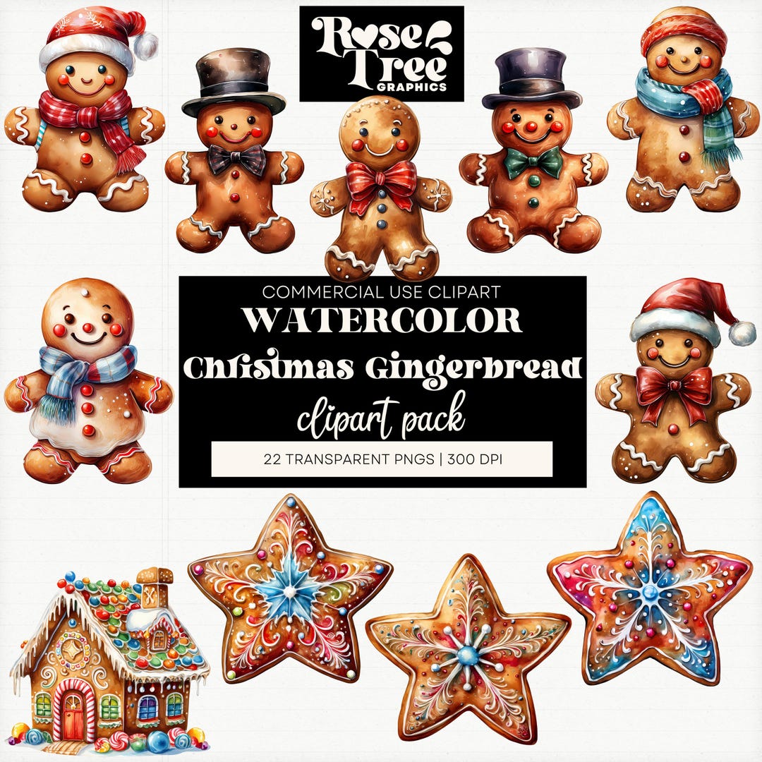Watercolor Christmas Gingerbread Clipart: Holiday PNG Graphics (digital ...