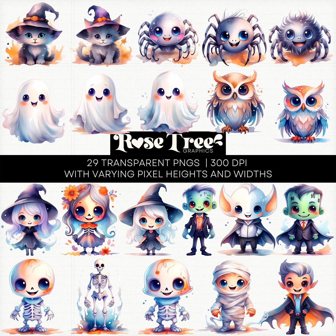 Watercolor Cute Halloween Clipart | 29 PNG Graphics | Whimsical ...