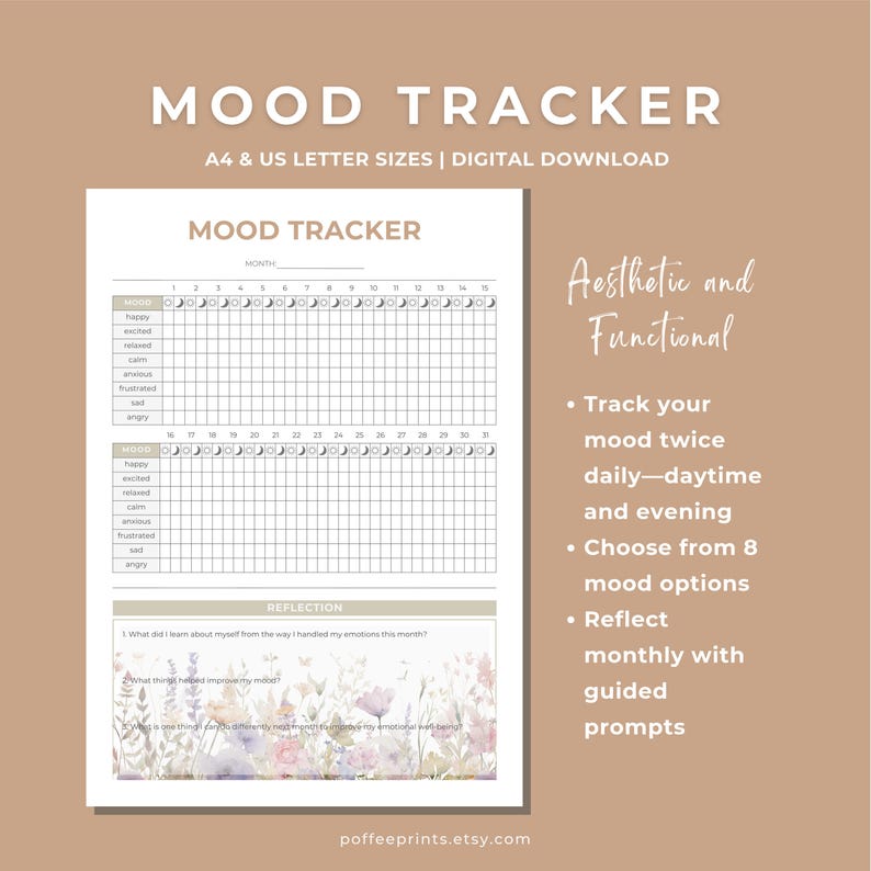 Mood Tracker Printable Emotion Tracker Mental Health Mood Chart 31 Days ...