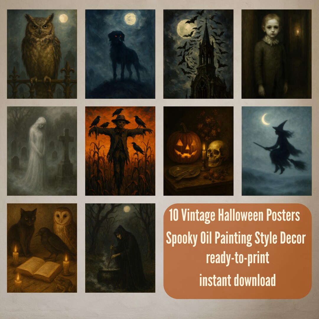 10 Vintage Halloween Posters – Printable Wall Art Bundle, Spooky Oil ...