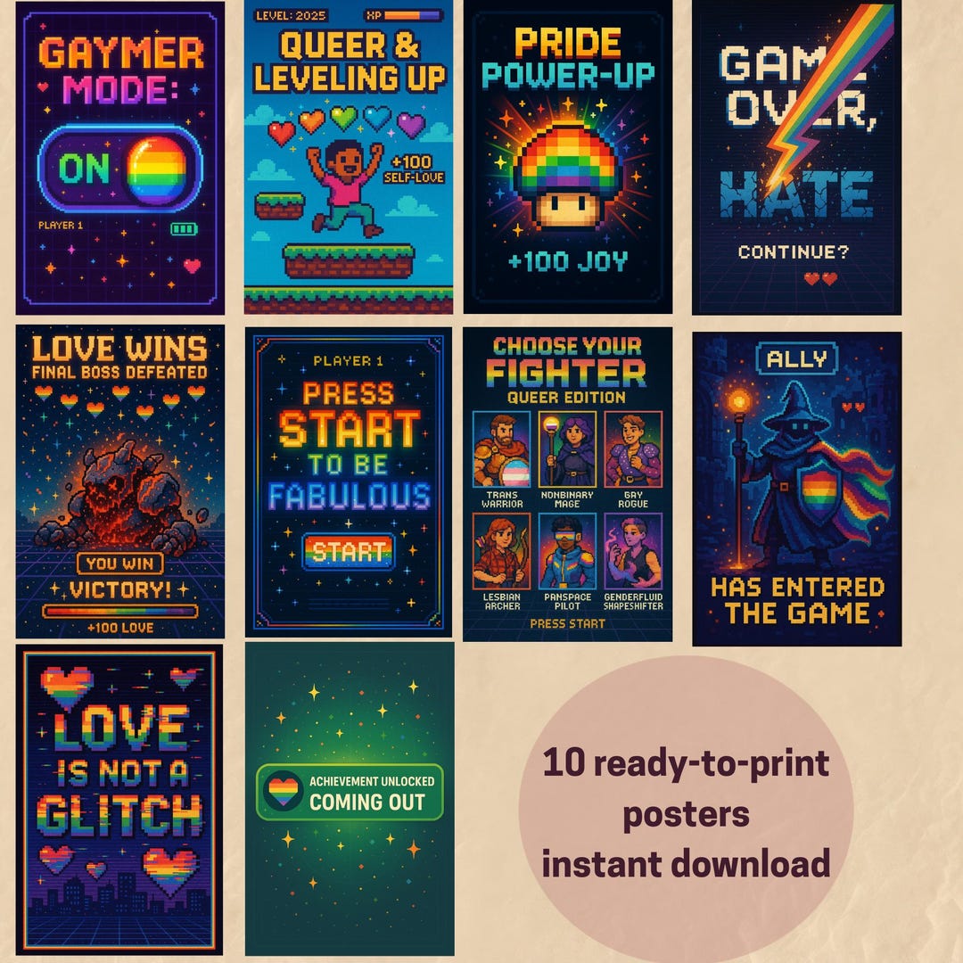 Pixel Art Pride Poster Bundle – 10 Printable LGBTQ+ Gamer Designs ...