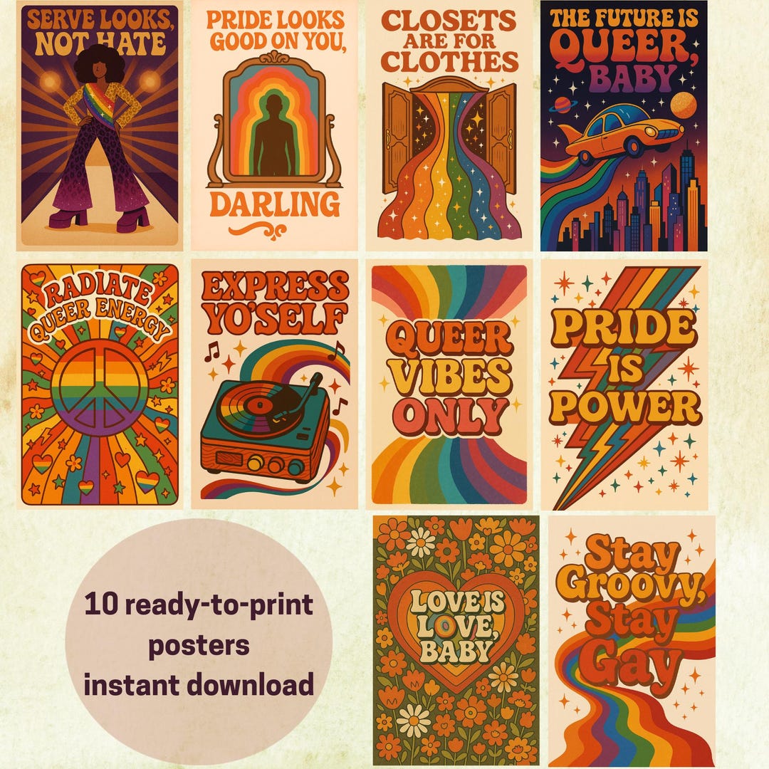 Retro Pride Poster Set: 70s Groovy LGBTQ+ Wall Art (digital Download ...