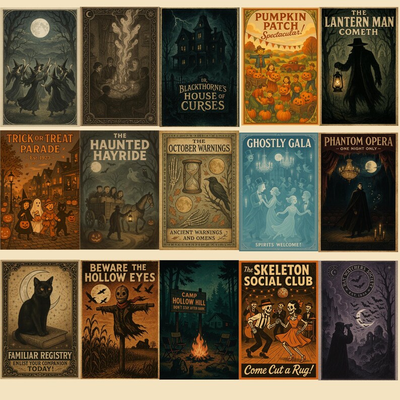 15 Vintage Halloween Posters 24x36” Printable Wall Art Set, Retro ...