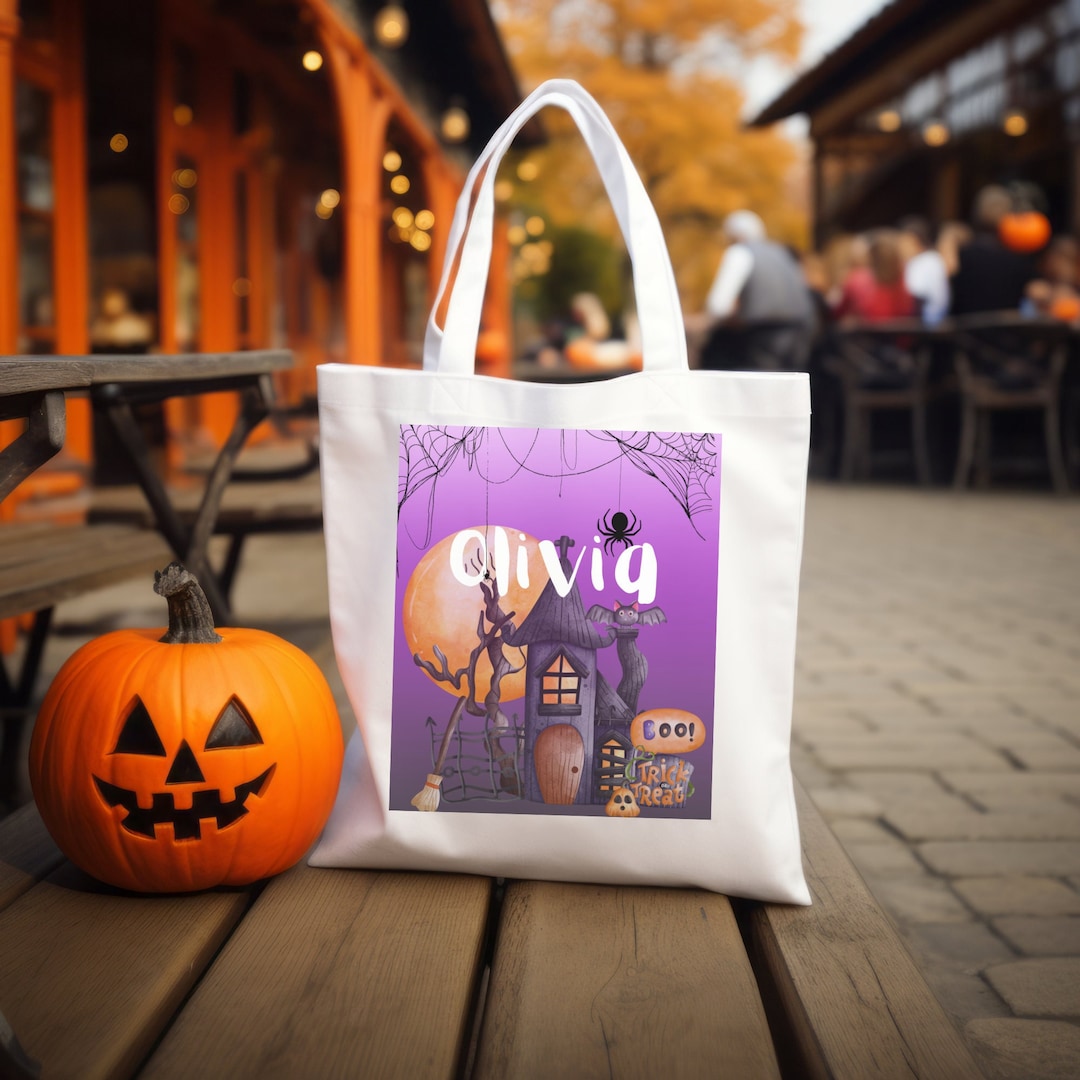 Personalized Kids Halloween Candy Tote Bag Haunted House, Trick or ...