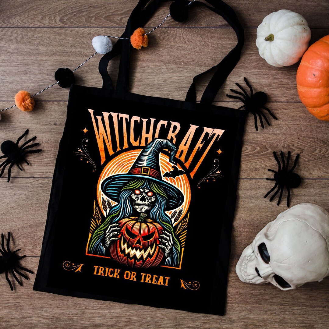 Creepy Witchcraft Treat or Treat Black Tote Bag, Halloween Skeleton ...