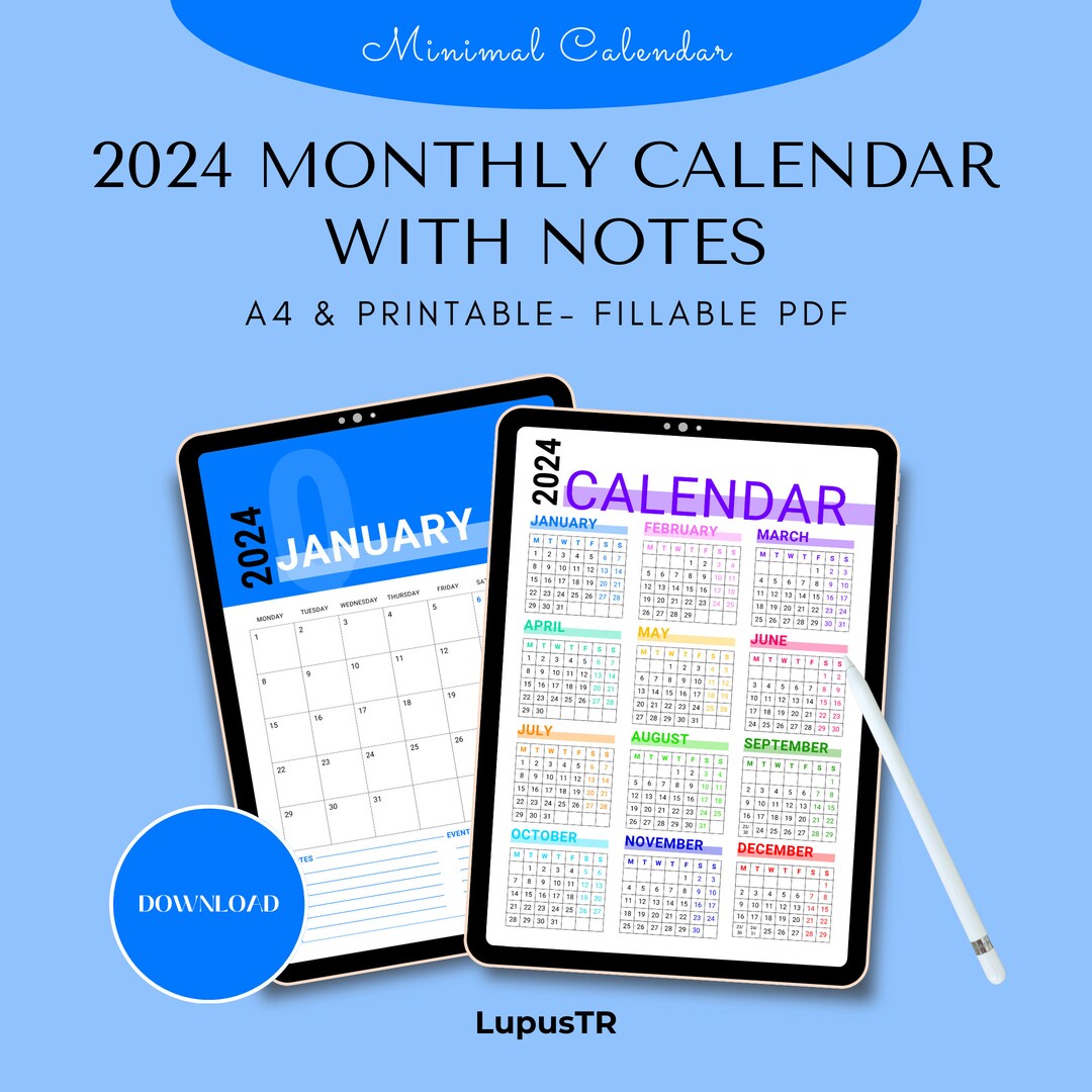 2024 Monthly Calendar With Notes, Landscape, Printable Calendar ...
