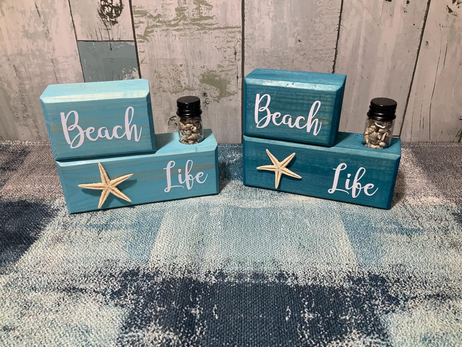 Wooden Beach Life Block With Starfish, Tiny Seashells and Pink Sand ...