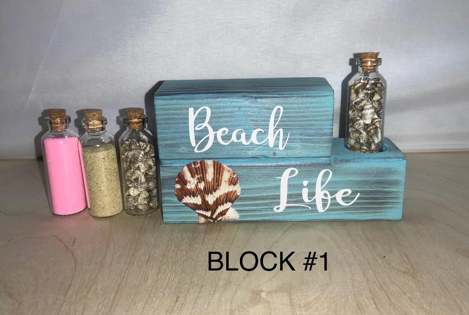 Wooden Beach Life Block With Starfish, Tiny Seashells and Pink Sand ...