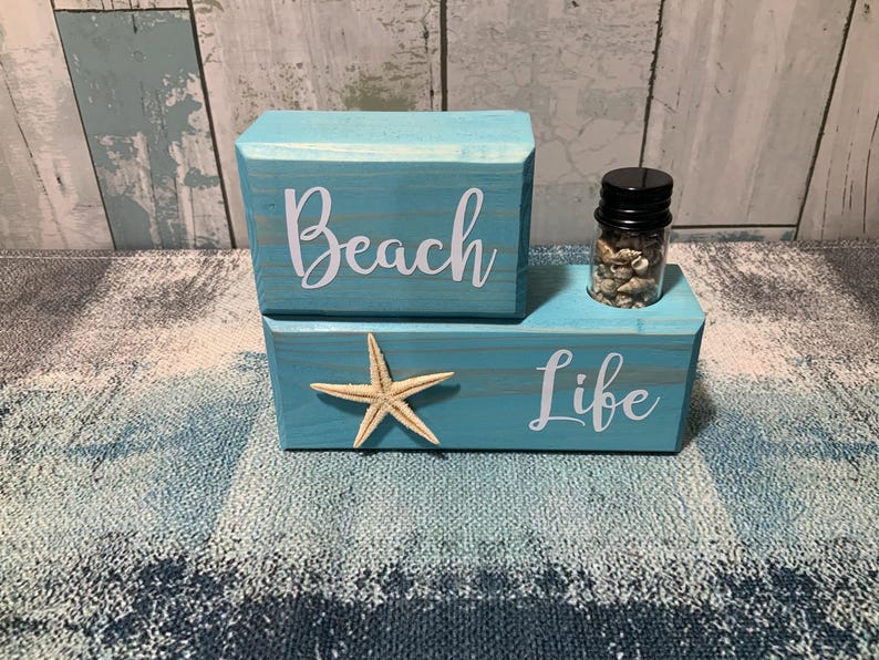 Wooden Beach Life Block With Starfish, Tiny Seashells and Pink Sand ...