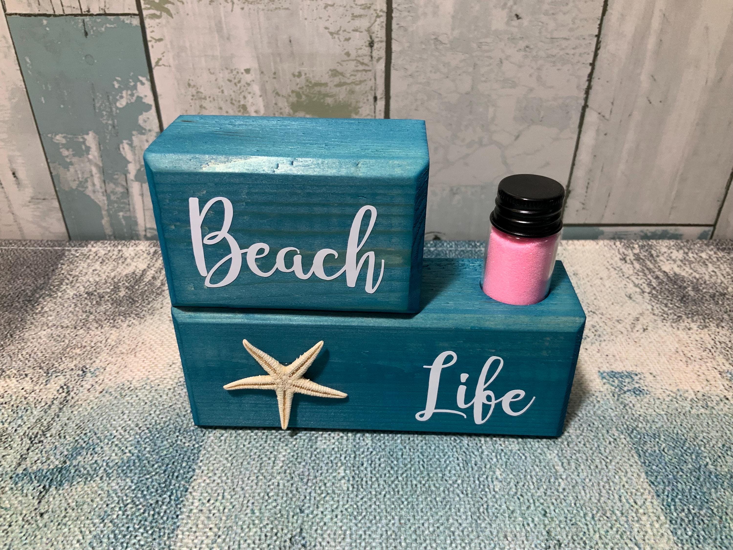 Wooden Beach Life Block With Starfish, Tiny Seashells and Pink Sand ...