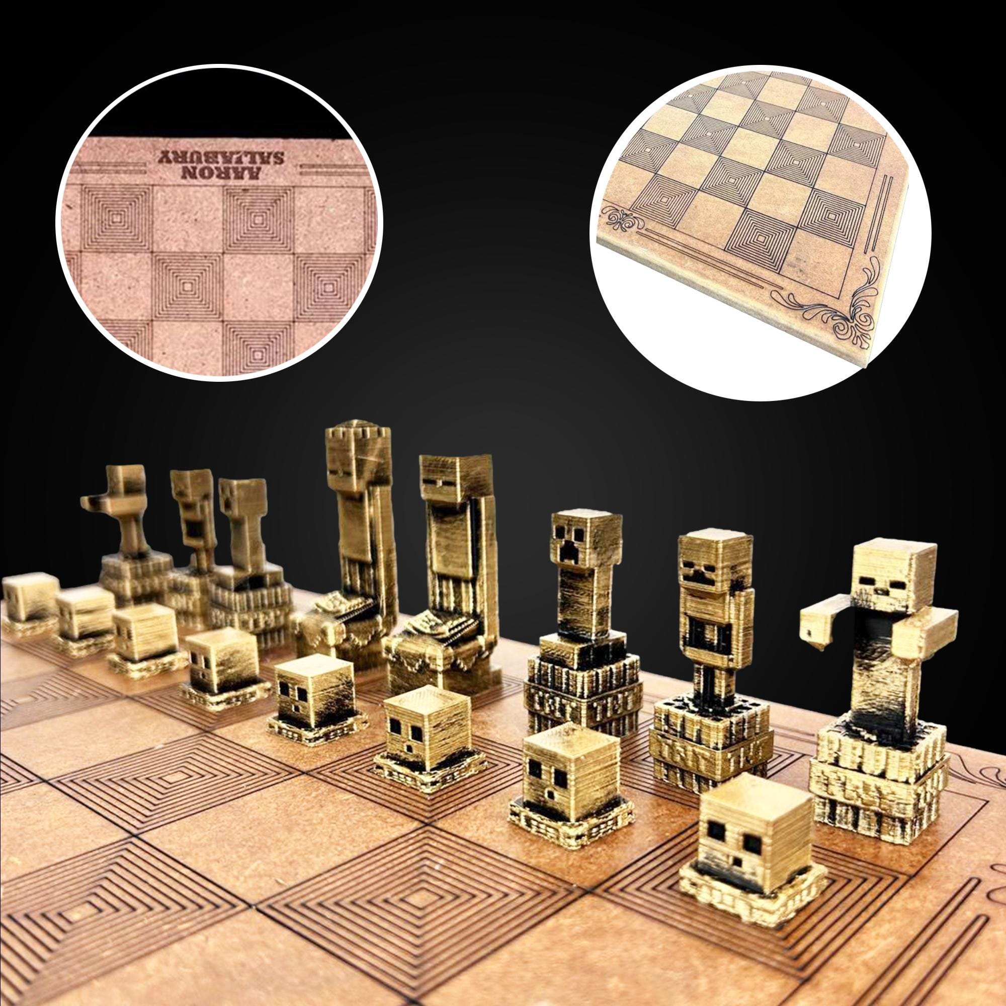 Minecraft Metal Chess Set | Gold & Silver Pieces, Engraved Wood Board ...