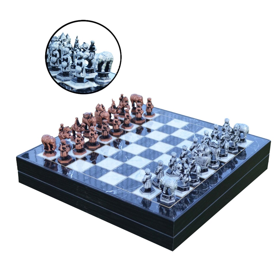 Traditional Indian Heavy Metal Chess Set With Storage 14'' X 14 ...