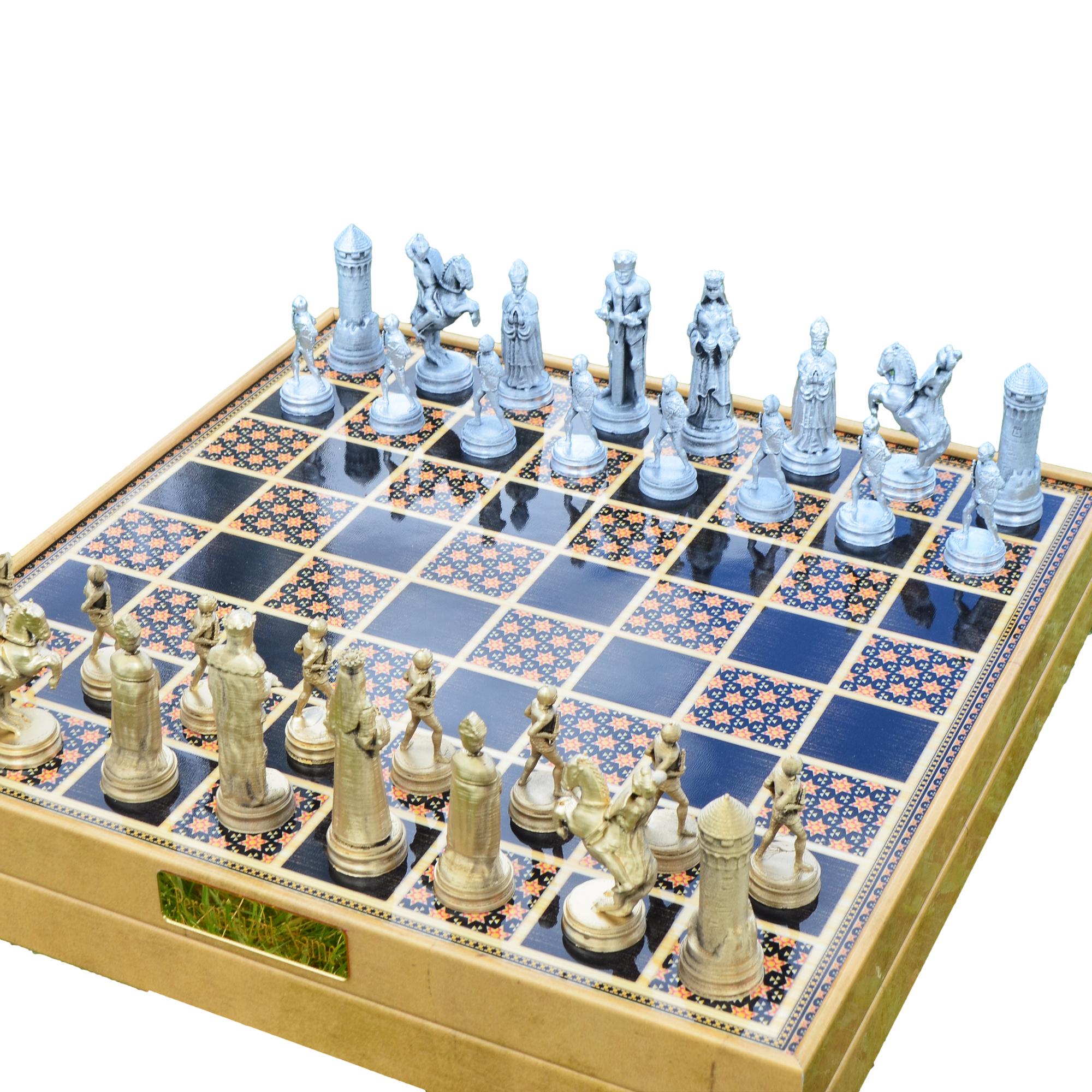 Crusaders Metal Chess Set: Gold & Silver Chessmen, Foldable 14'' Board ...