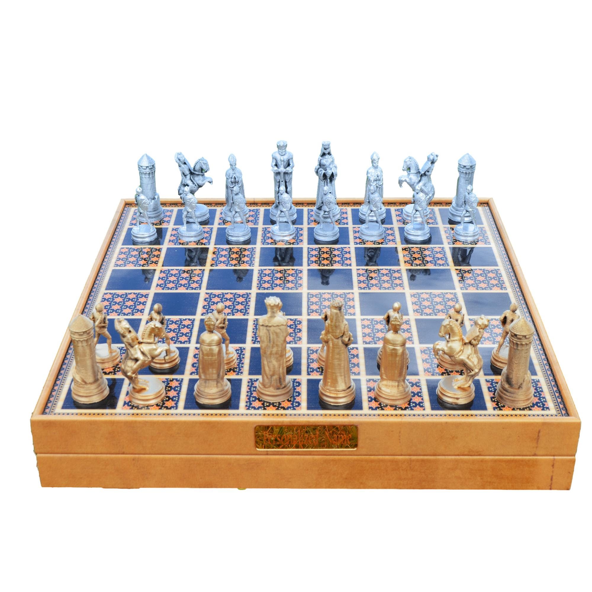 Crusaders Metal Chess Set: Gold & Silver Chessmen, Foldable 14'' Board ...