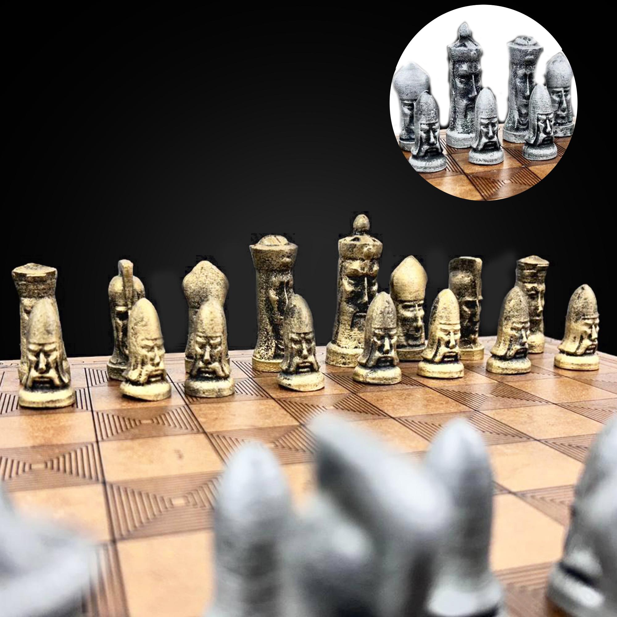 Olmec Heads Metal Chess Set 14'' X 14'' Personalized Wooden Chessboard ...