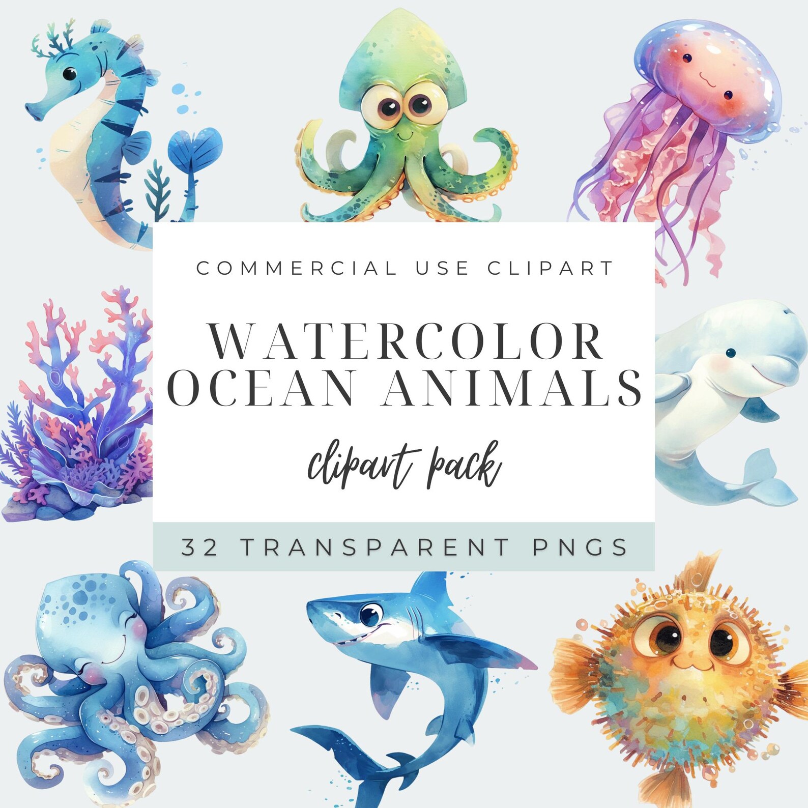 Watercolor Ocean Animal Clipart | Png Transparent Background ...