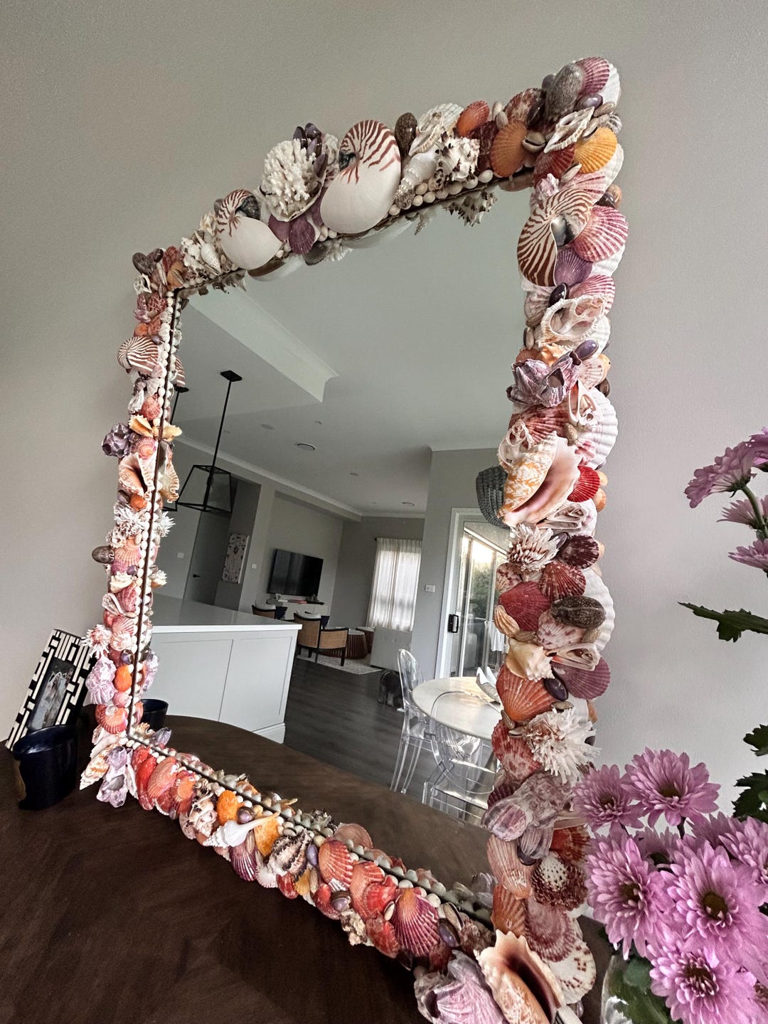 Handcrafted Seashell Mirror – Tiger Nautilus & Coral, Coastal Decor - Etsy