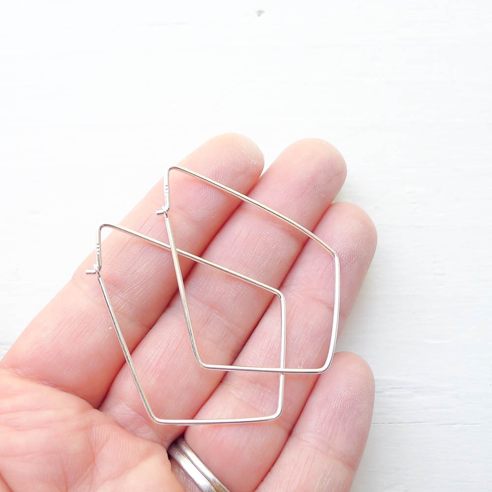 Large Diamond Shaped Hoops Sterling Silver Geometric Hoop - Etsy
