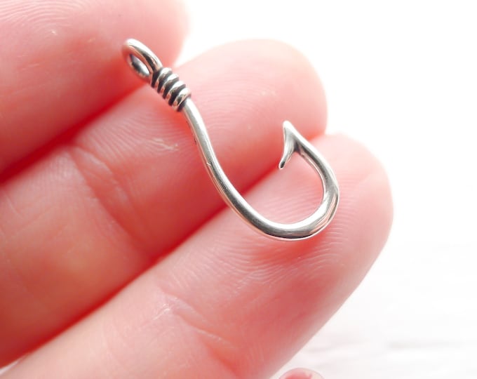 Fish Hook Charm Sterling Silver Fishing Component or Link for Jewelry ...