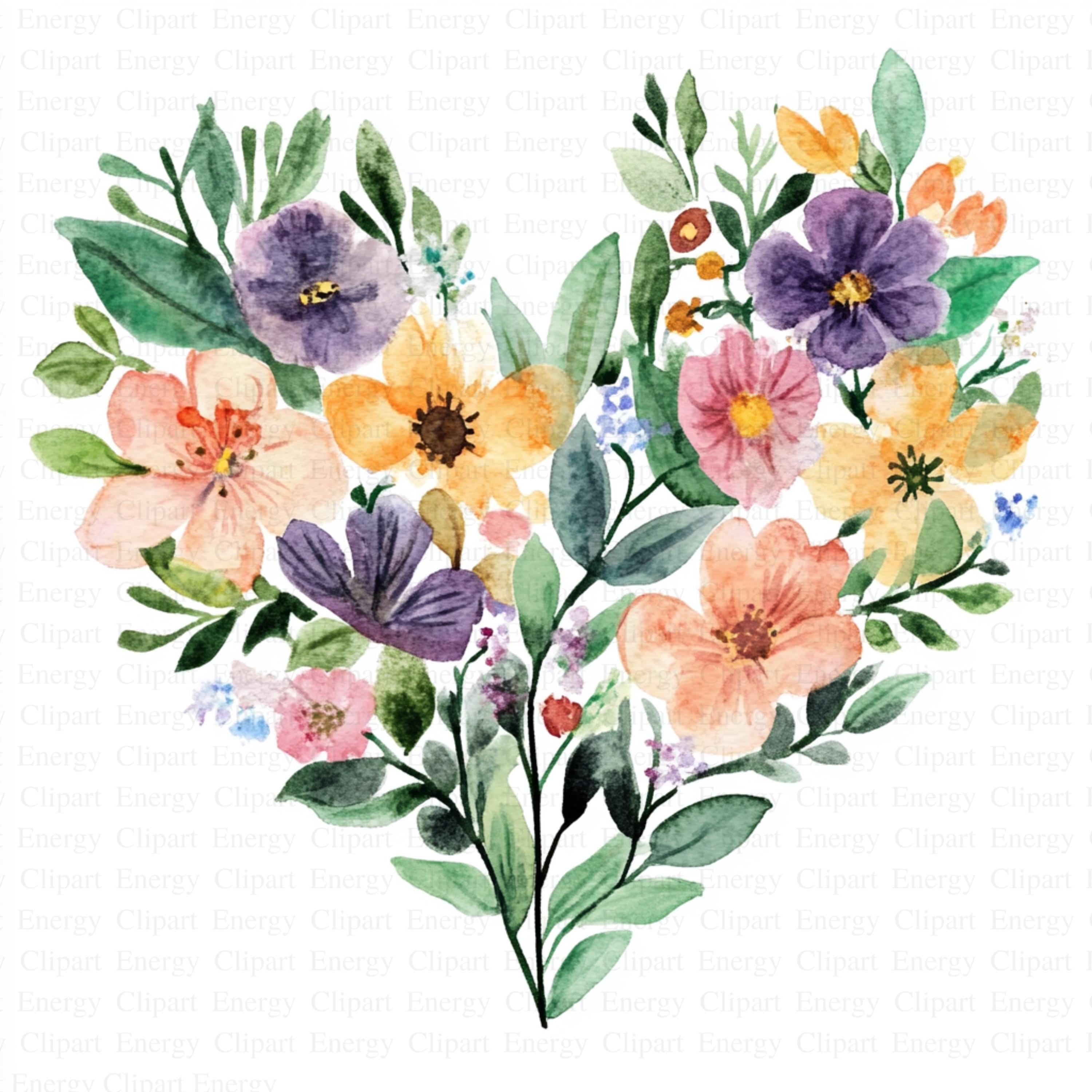 Watercolor Floral Hearts Clipart 5 High Quality Jpg's Digital Download ...