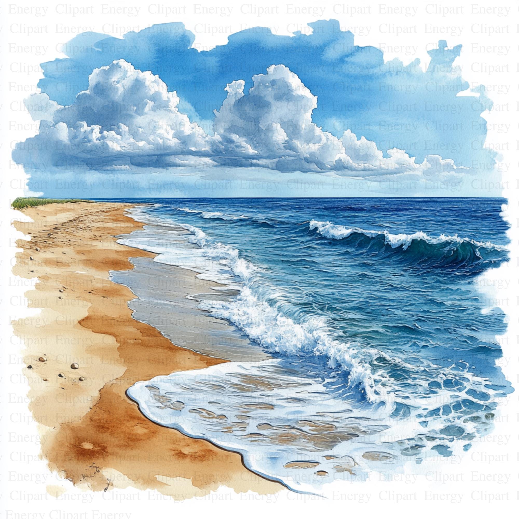 Coastal Beach Ocean Watercolor Clip Art | 5 High Quality Jpgs | Digital ...