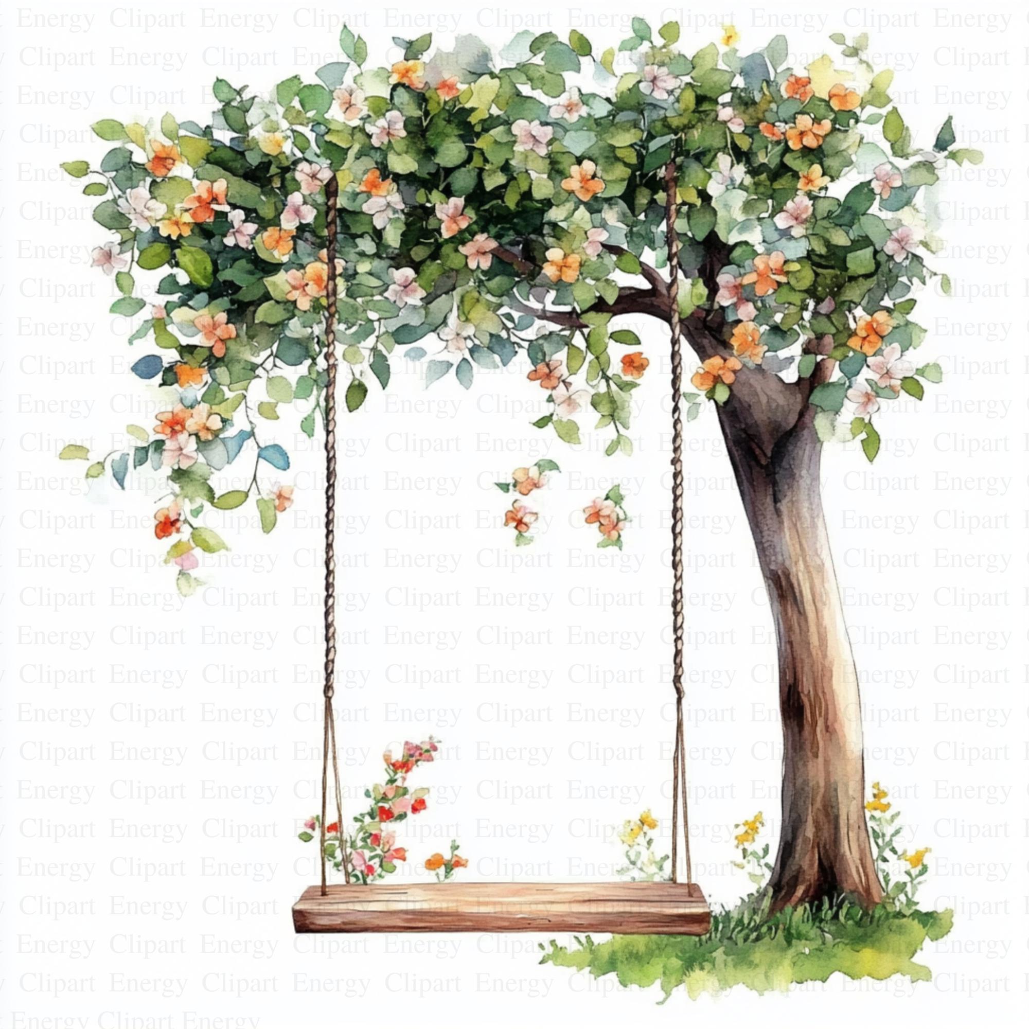 Swing in Tree Clipart | 5 High Quality Jpgs | Digital Download | Floral ...