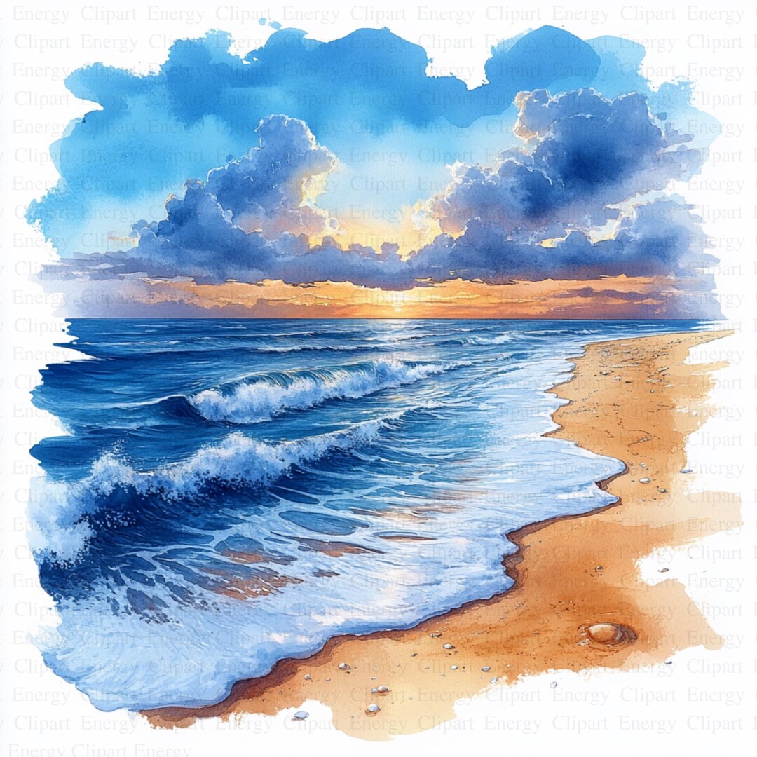Coastal Beach Ocean Watercolor Clip Art | 5 High Quality Jpgs | Digital ...