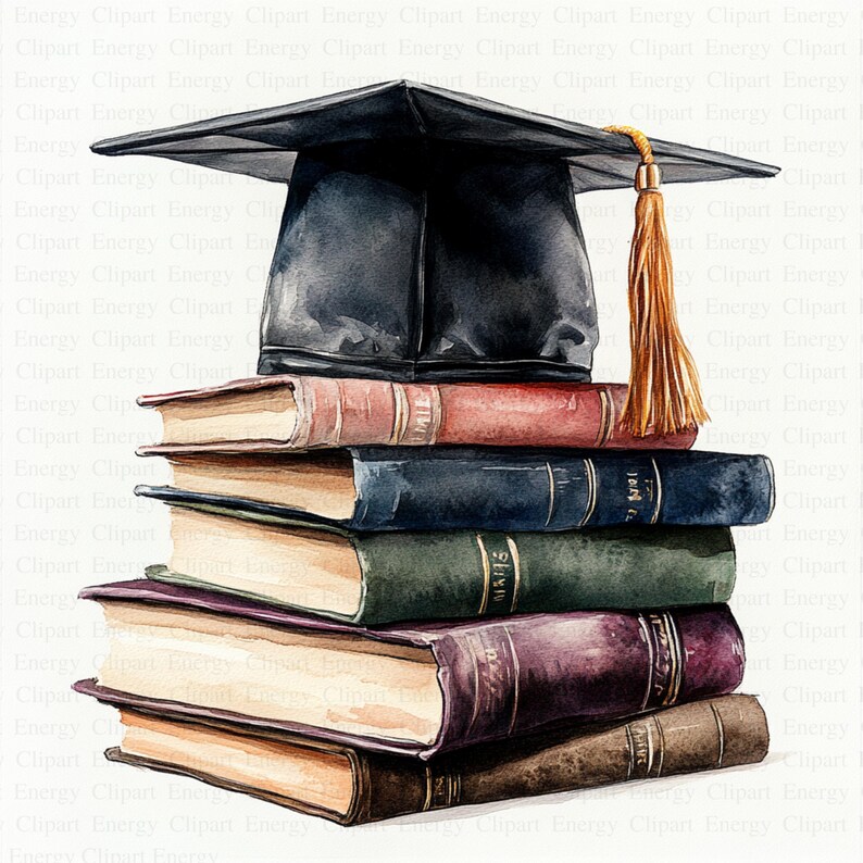 Graduation Hat on Books Clipart 5 High Quality Jpgs Digital Download ...