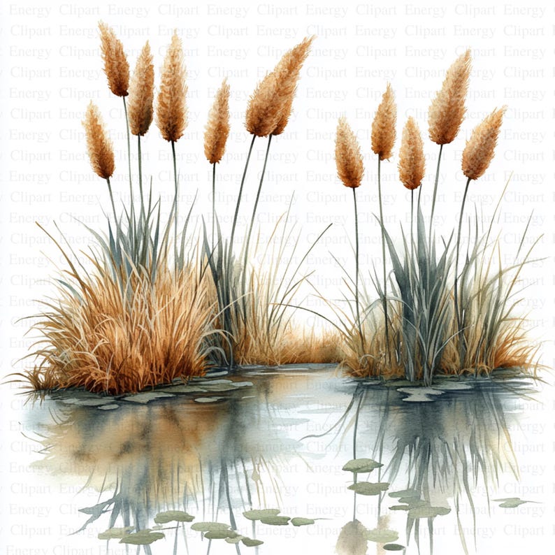 Cattails and Reeds in Water Pond Clipart | 5 High Quality Jpgs ...