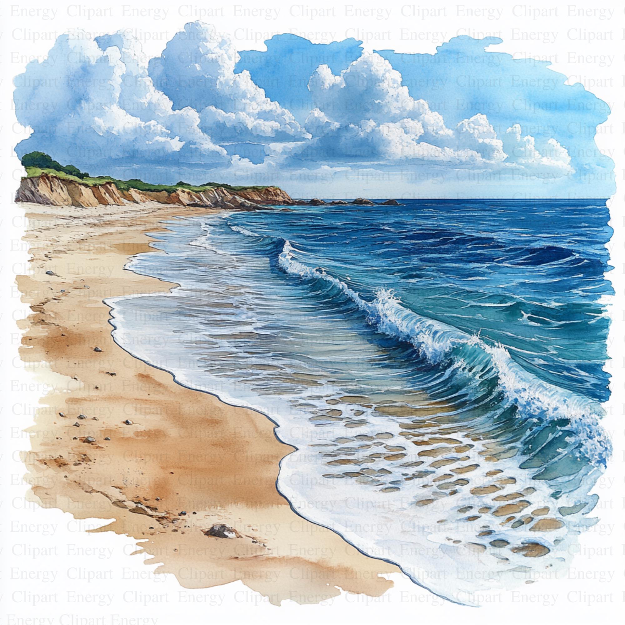 Coastal Beach Ocean Watercolor Clip Art | 5 High Quality Jpgs | Digital ...