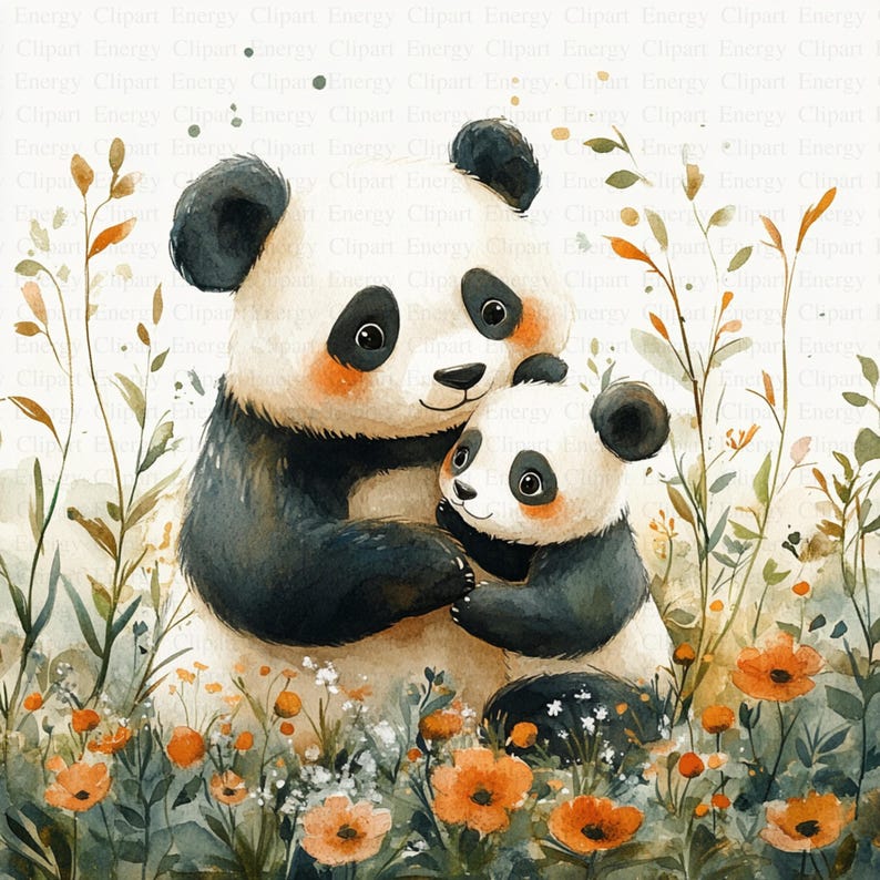 Watercolor Floral Pandas Clipart | 5 High Quality Jpg's | Digital ...
