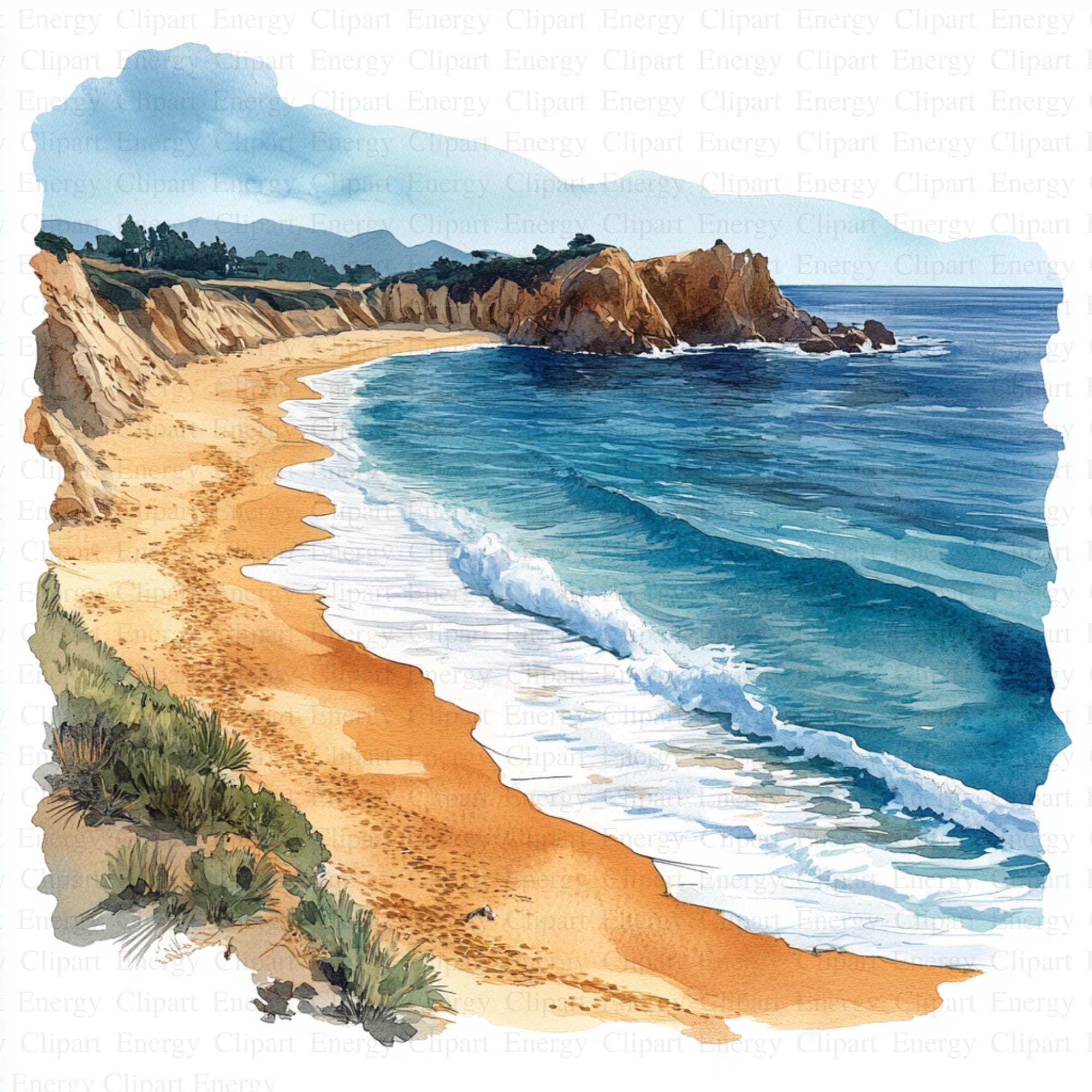 Coastal Beach Ocean Watercolor Clip Art | 5 High Quality Jpgs | Digital ...
