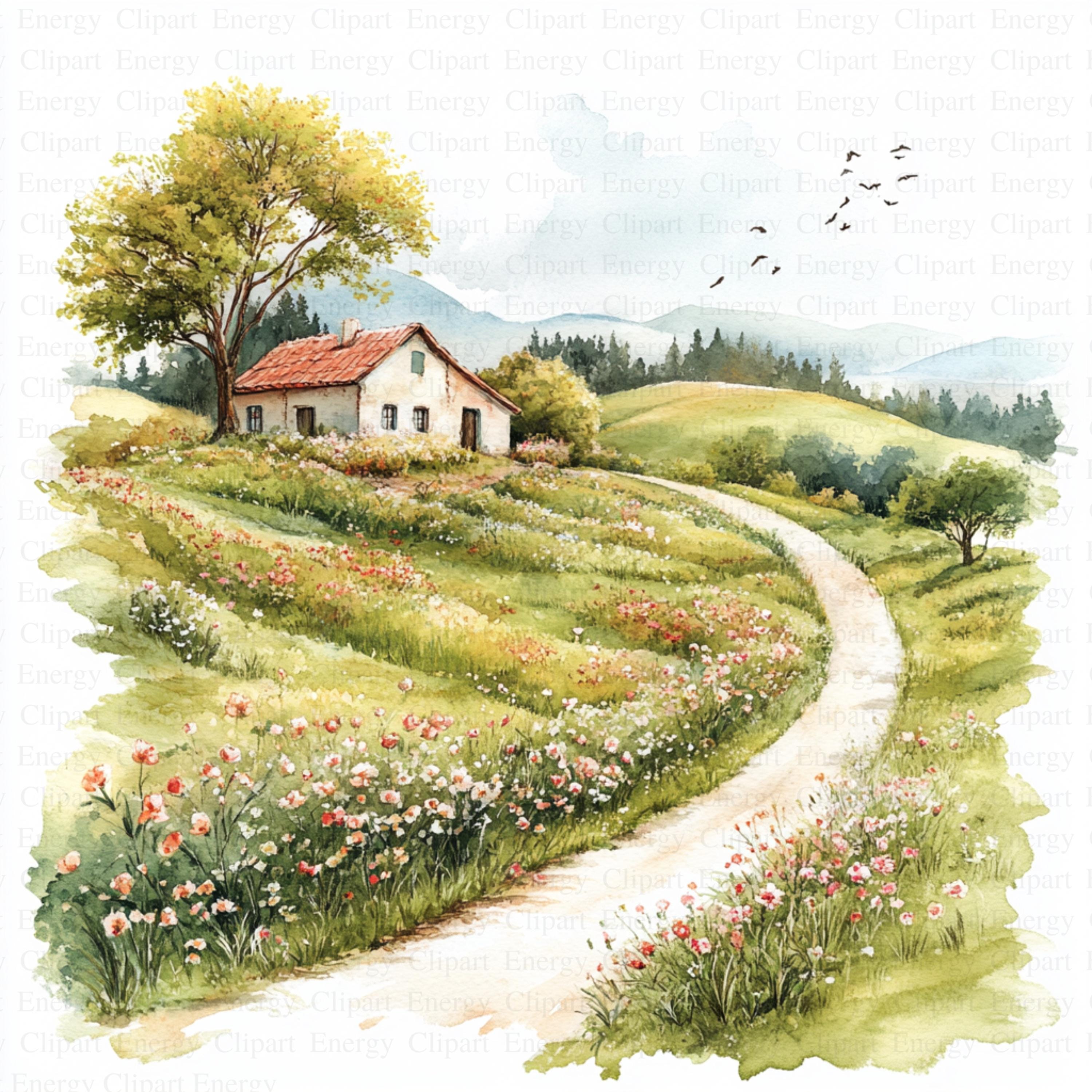 Watercolor Spring Countryside Clipart | 5 High Quality Jpg's | Digital ...