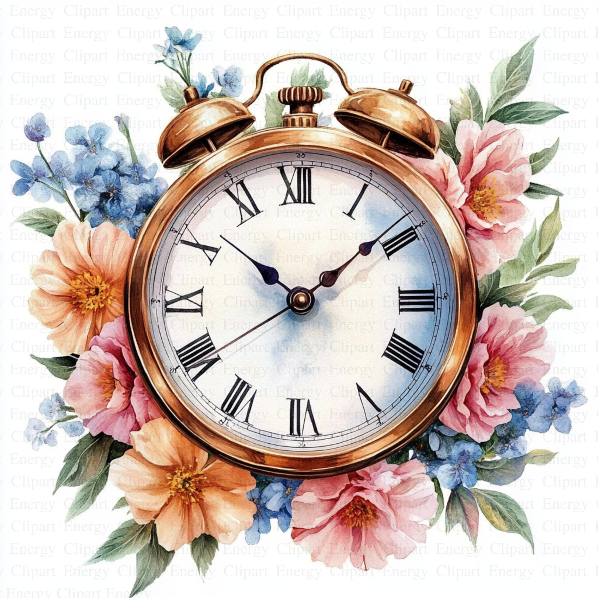 Floral Clock Clipart | 5 High Quality Jpgs | Digital Download | Vintage ...