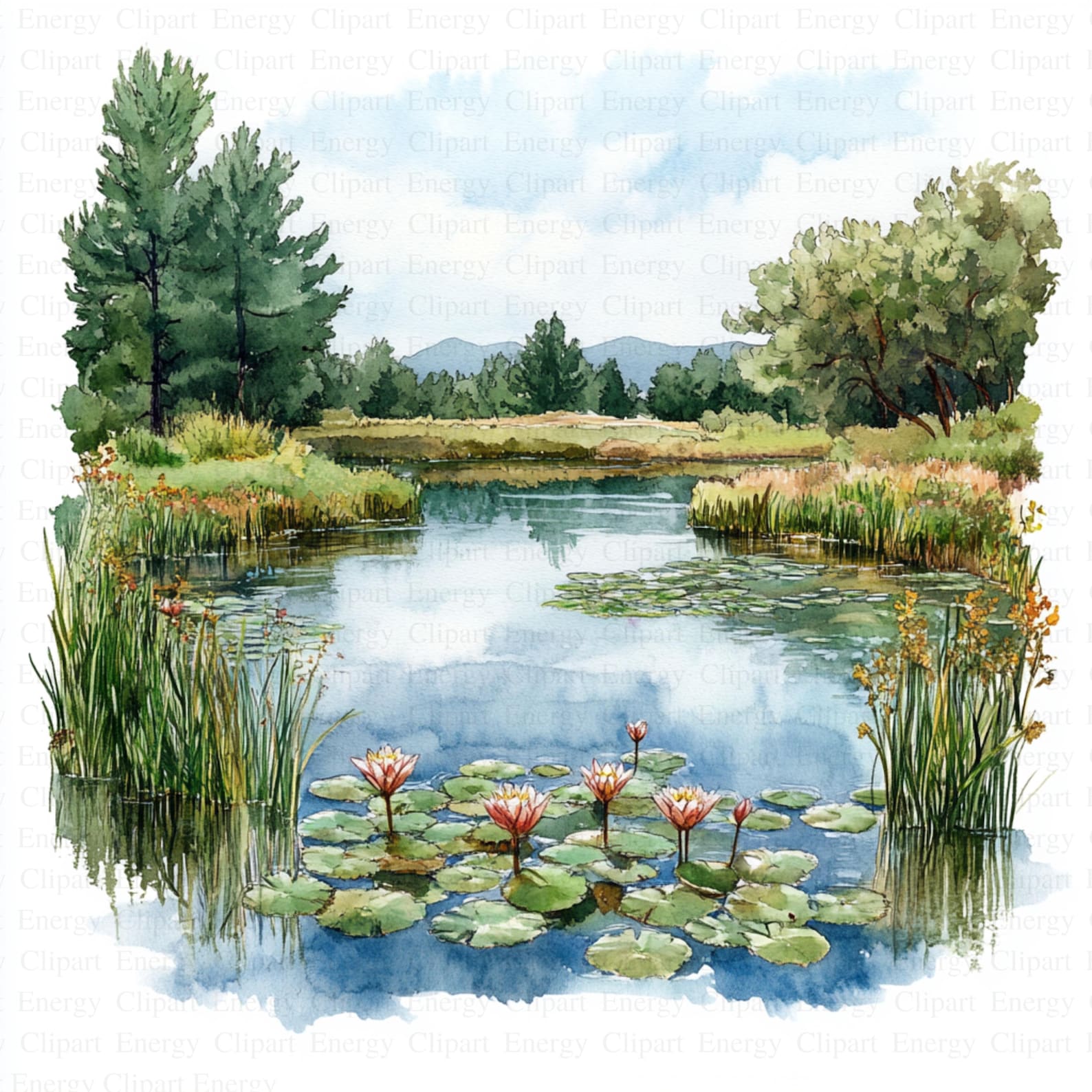 Watercolor Country Ponds Clipart | 5 High Quality Jpg's | Digital ...