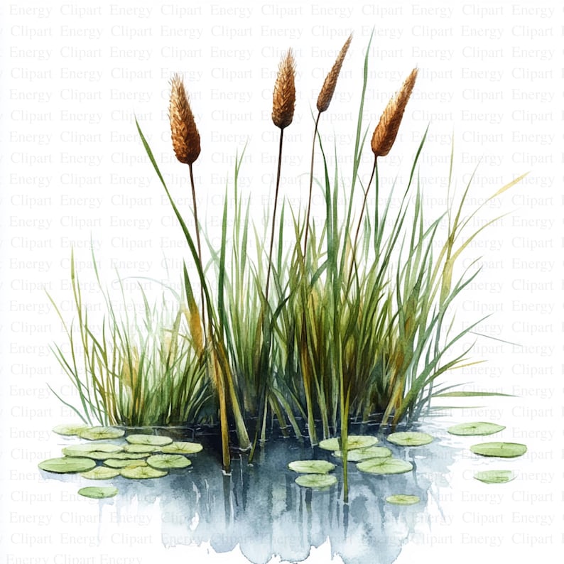 Cattails and Reeds in Water Pond Clipart | 5 High Quality Jpgs ...