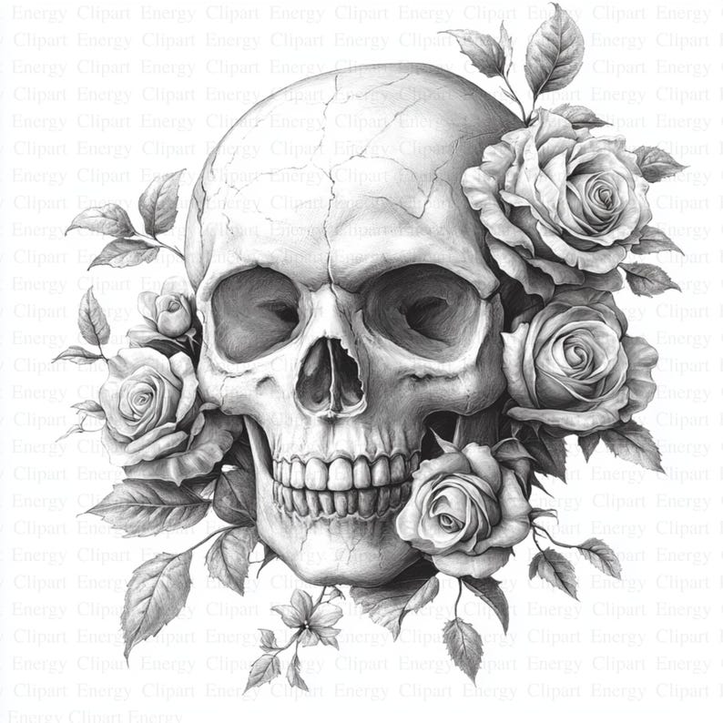 Skull in Roses Clipart | 5 High Quality Jpgs | Digital Download ...