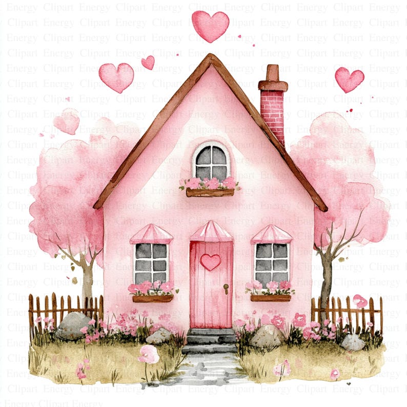 Cute Pink House With Hearts Clipart | 5 High Quality Jpg's | Digital ...