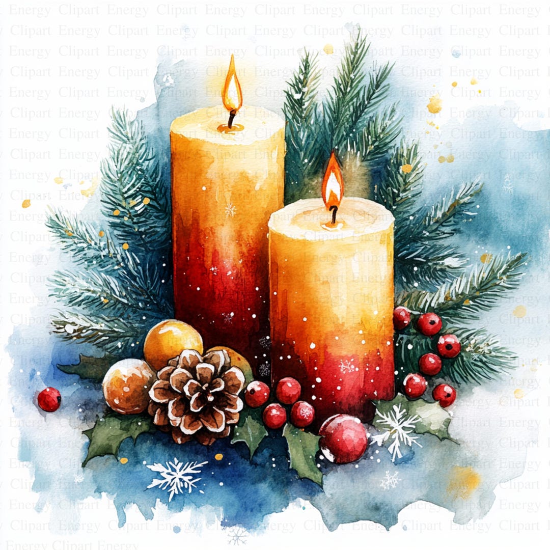 Watercolor Christmas Candles Clipart 5 High Quality Jpg's Digital ...