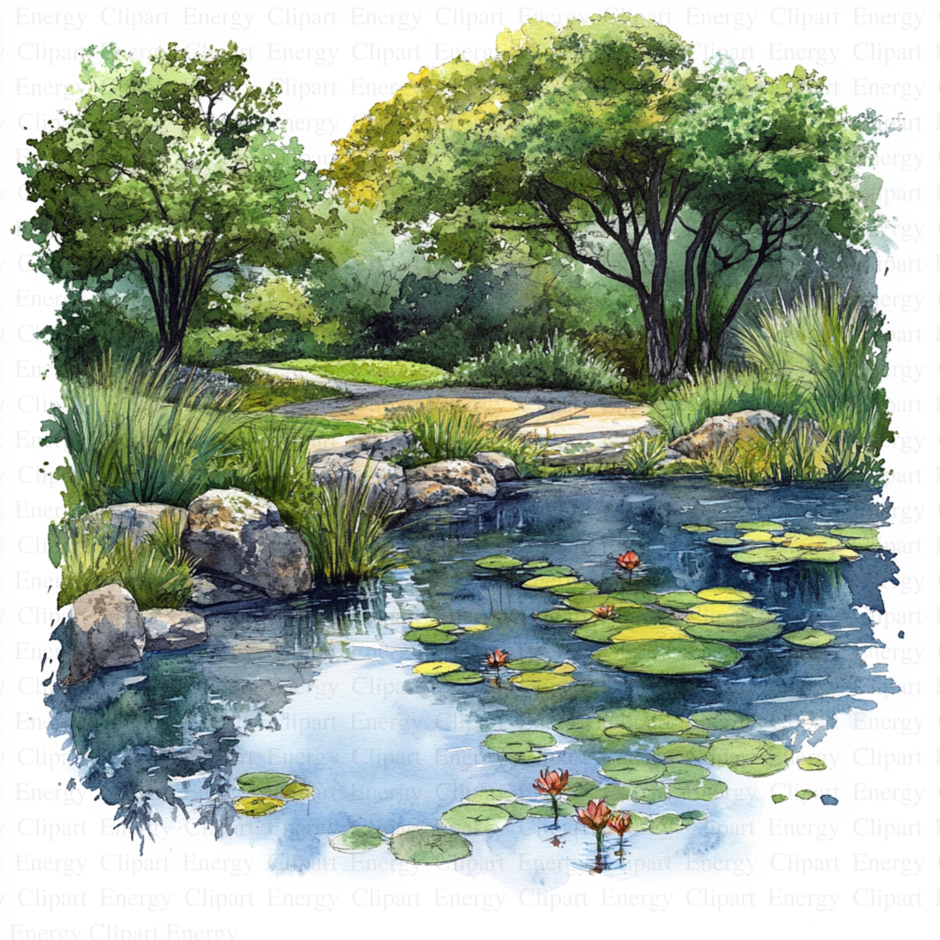 Watercolor Country Ponds Clipart | 5 High Quality Jpg's | Digital ...