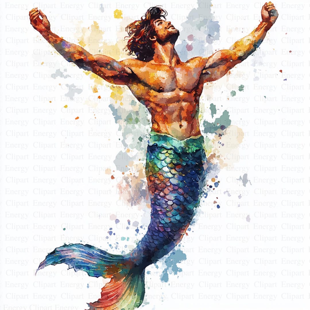Watercolor Mermaid Man Clipart | 5 High Quality Jpgs | Digital Download ...