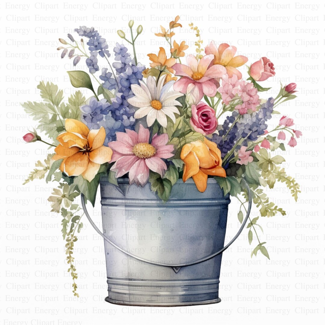 Watercolor Flower Bucket Clipart | 5 High Quality Jpgs | Digital ...