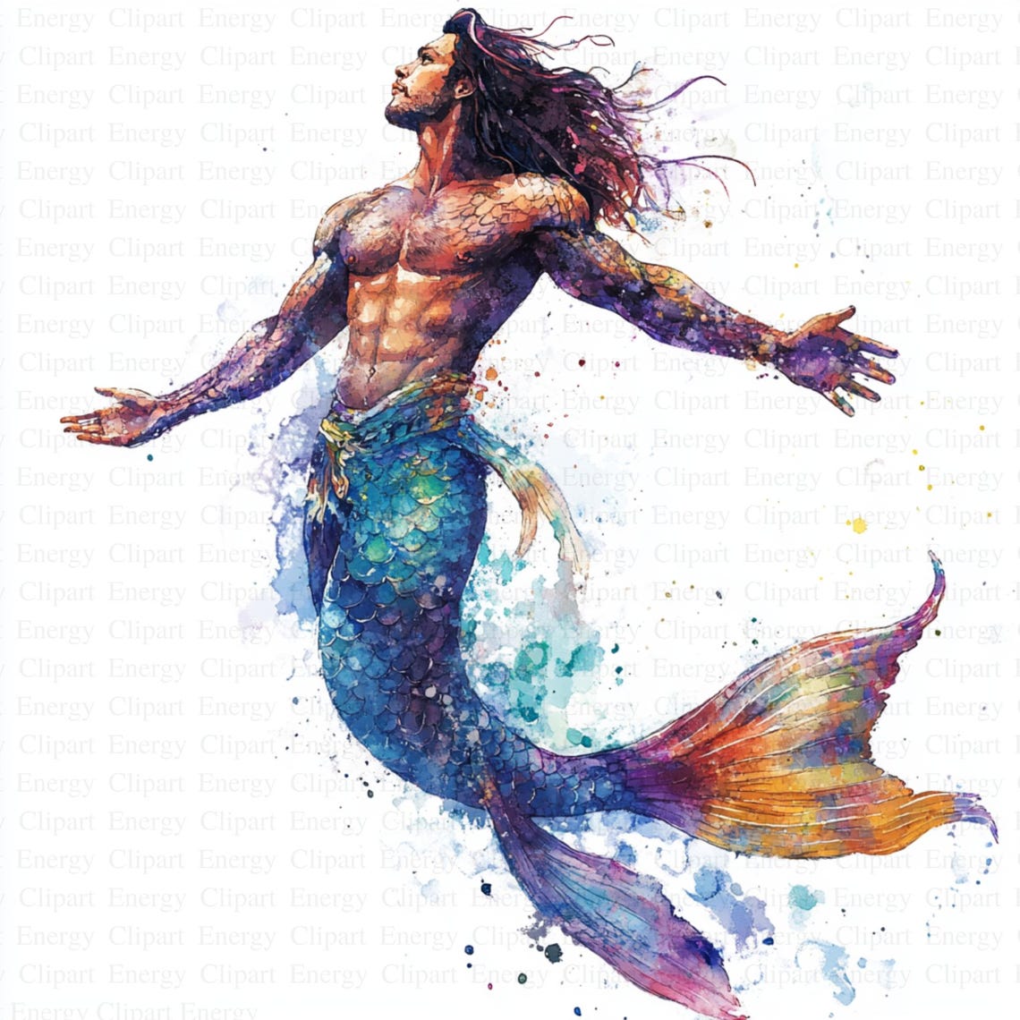 Watercolor Mermaid Man Clipart | 5 High Quality Jpgs | Digital Download ...