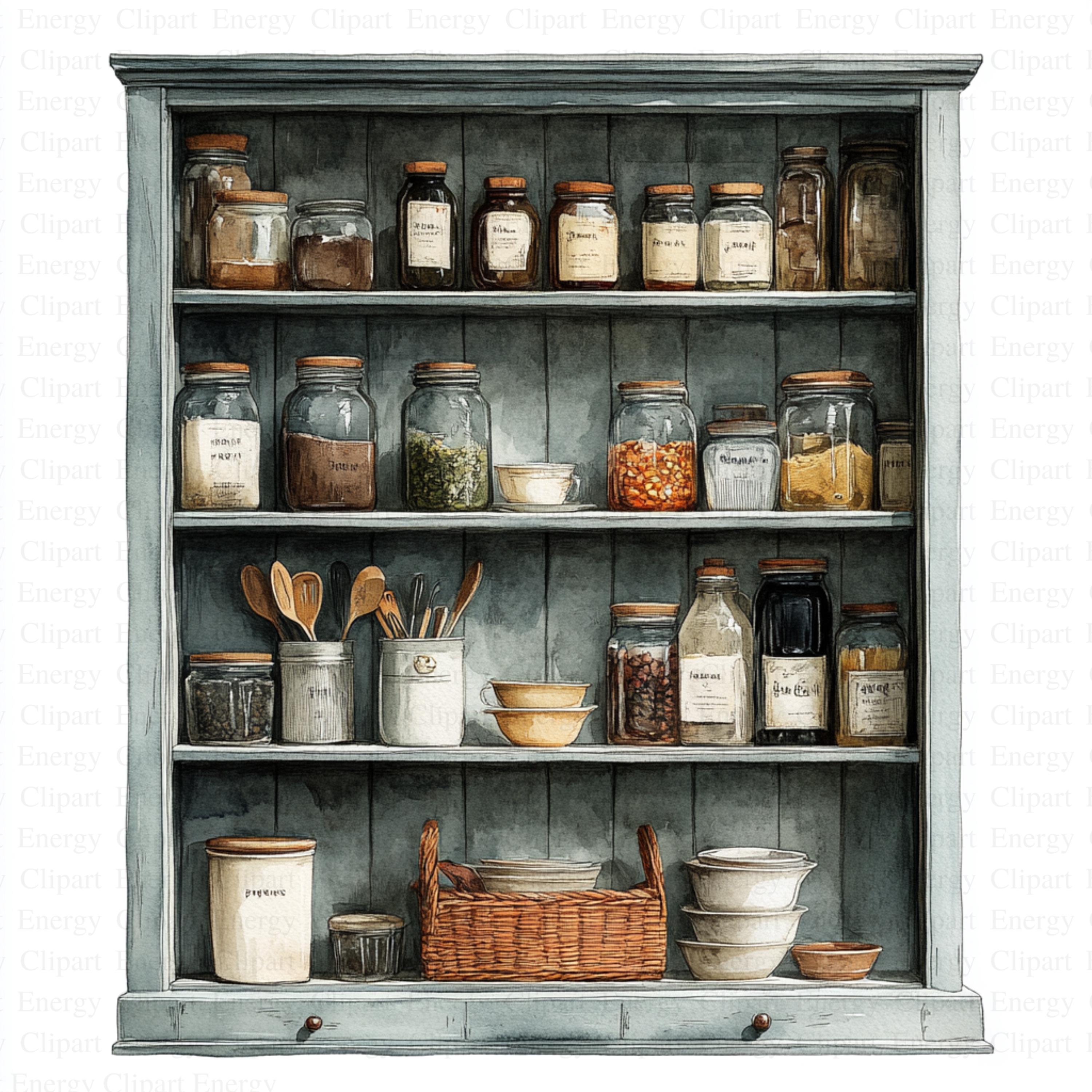 Vintage Pantries Clipart 5 High Quality Jpg's Digital Download Kitchen Art Retro Illustration ...