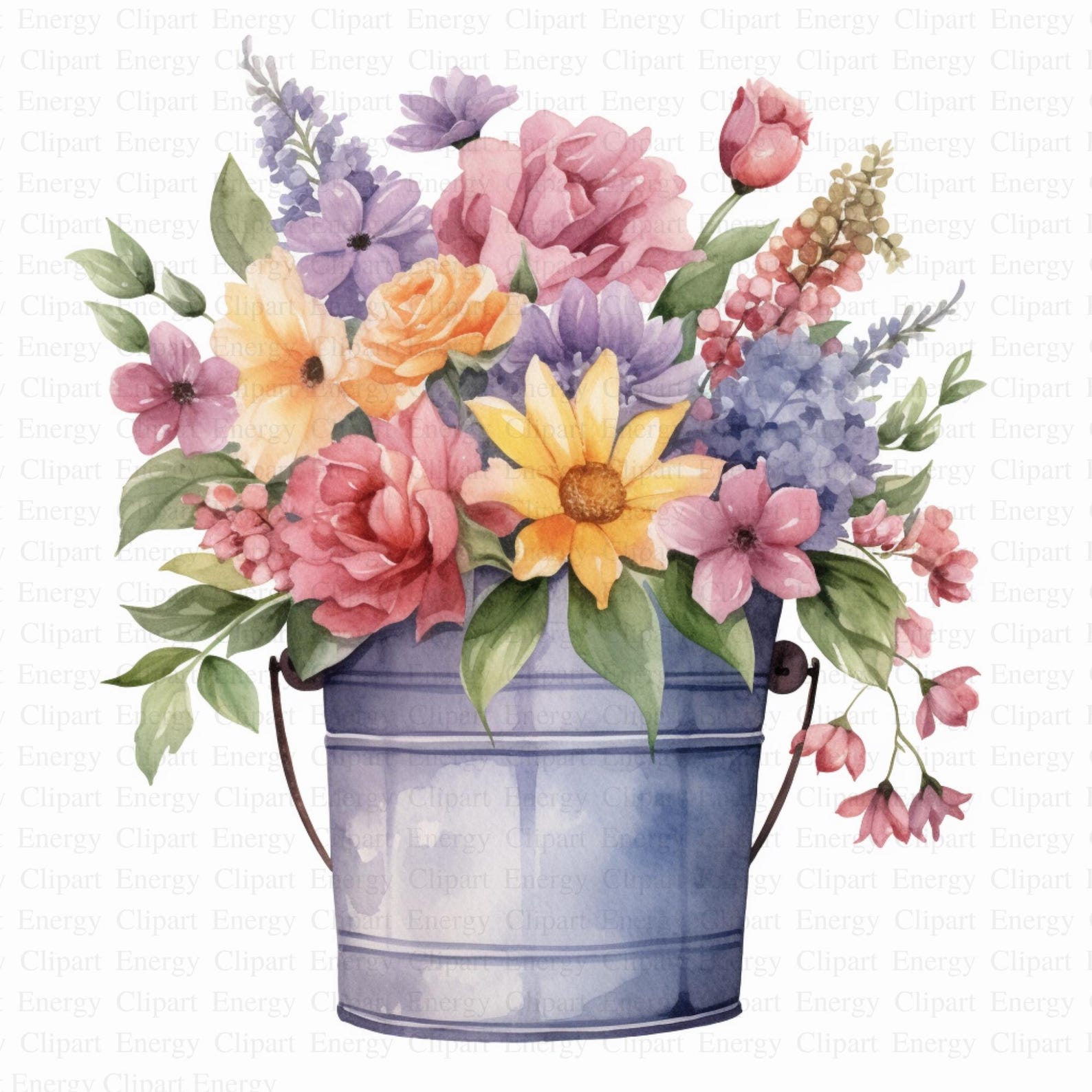 Watercolor Flower Bucket Clipart 5 High Quality Jpgs Digital Download ...